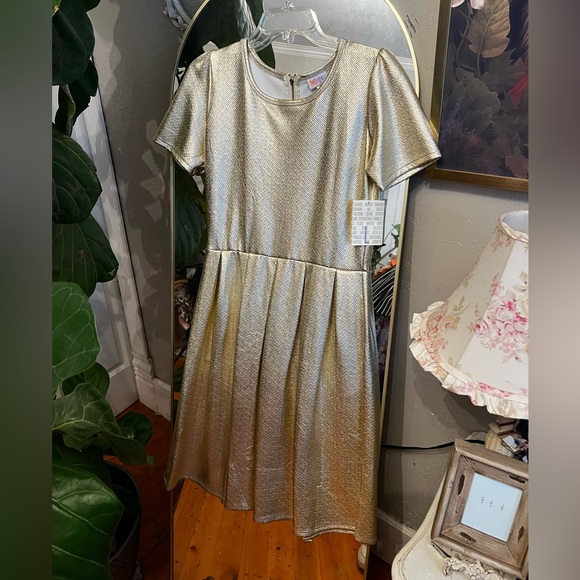 LuLaRoe | Dresses | Lularoe Metallic Gold Pleated Fit And Flare Dress ...